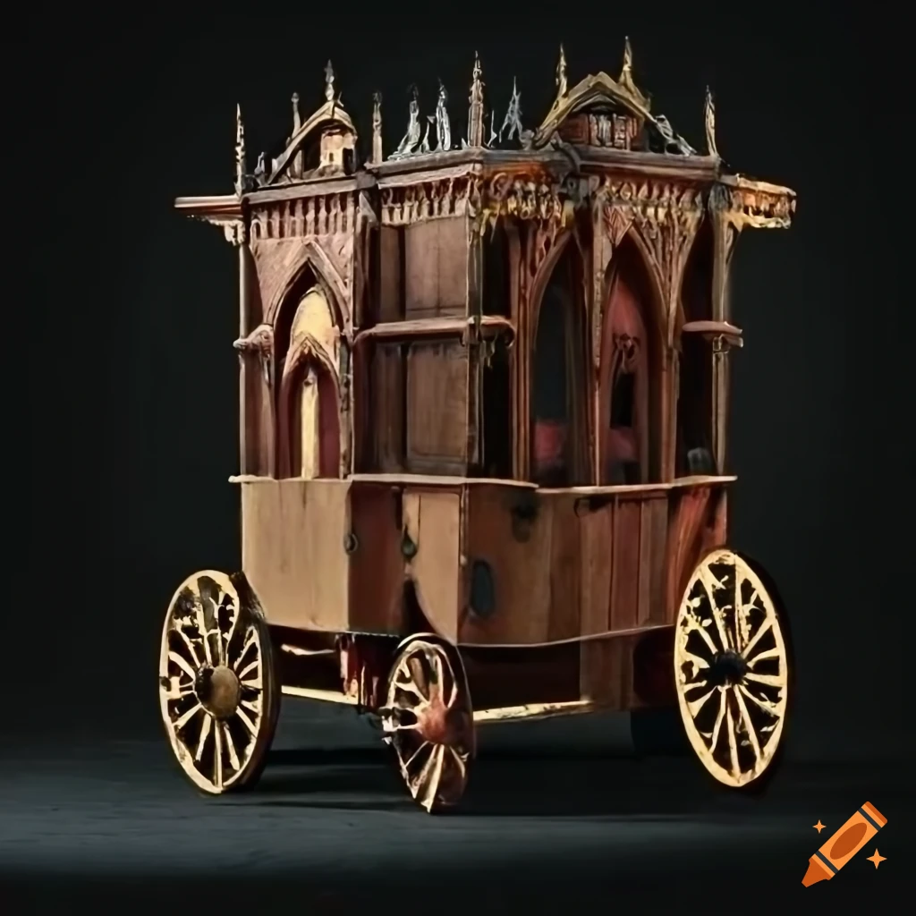 The concept of a gothic cart-carriage of a wandering actor, it is made ...