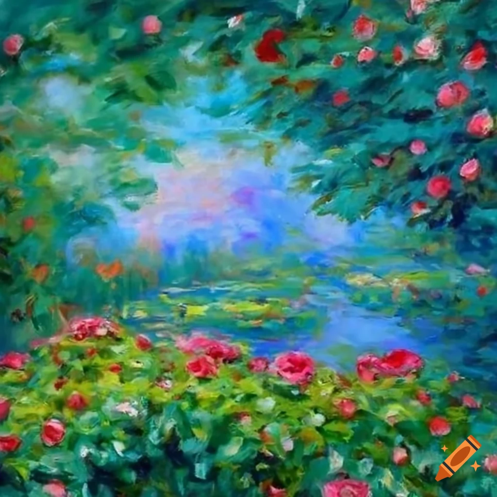 A beautiful garden of blooming roses, painted in Monet's style on Craiyon