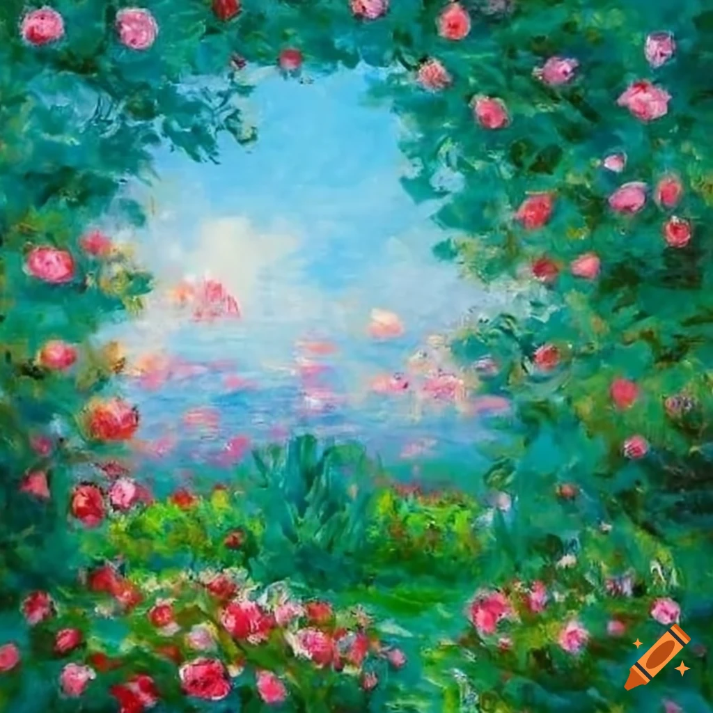 A beautiful garden of blooming roses, painted in monet's style