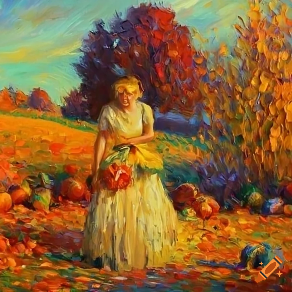 A stunning impressionist painting of a bountiful autumn harvest on Craiyon