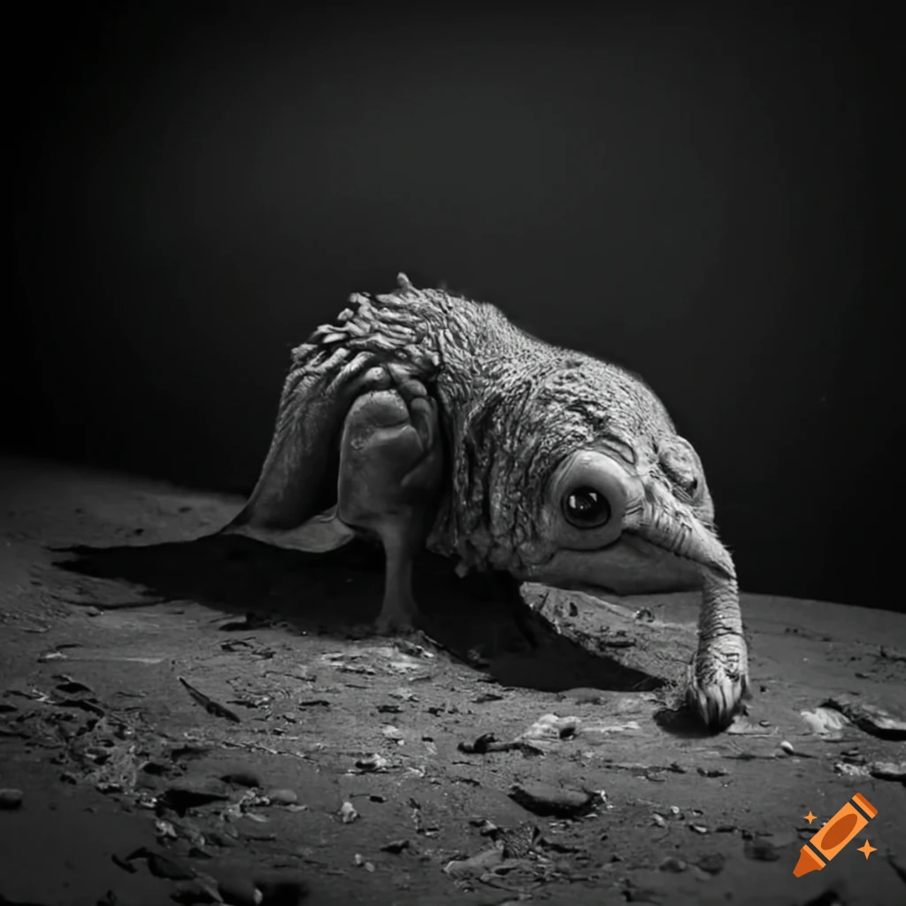 Weird creature on the side of a desolate road at night on Craiyon