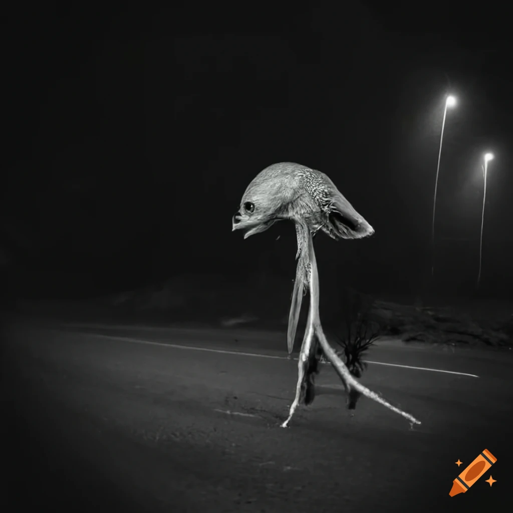 Weird creature on the side of a desolate road at night