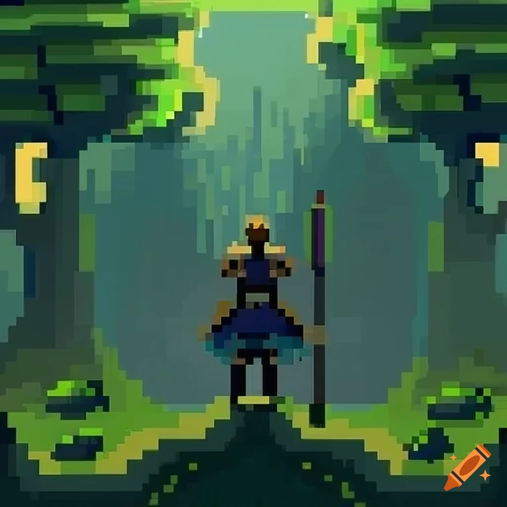Please create a pixel art for my game. I would like the image to depict a warrior walking among ...