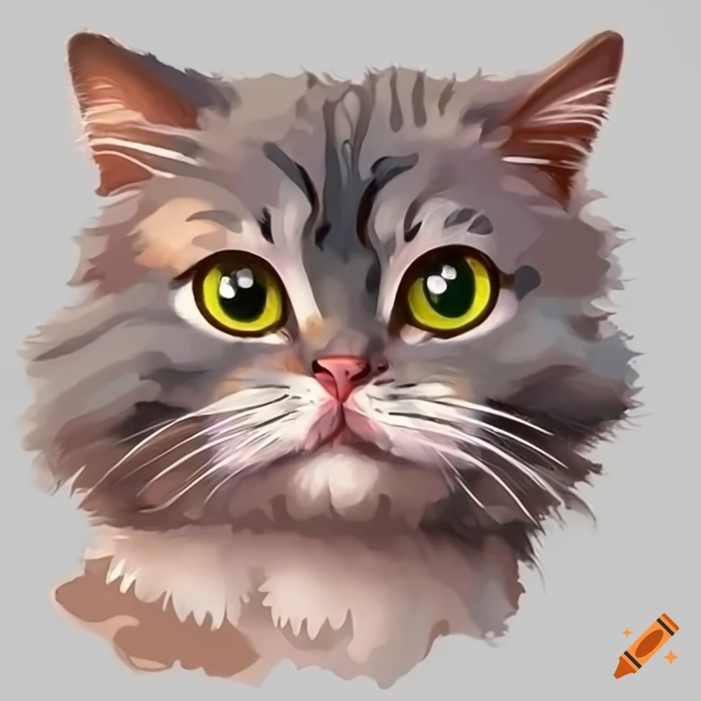 Cute fluffy gray tomcat with brown nose and green eyes on Craiyon