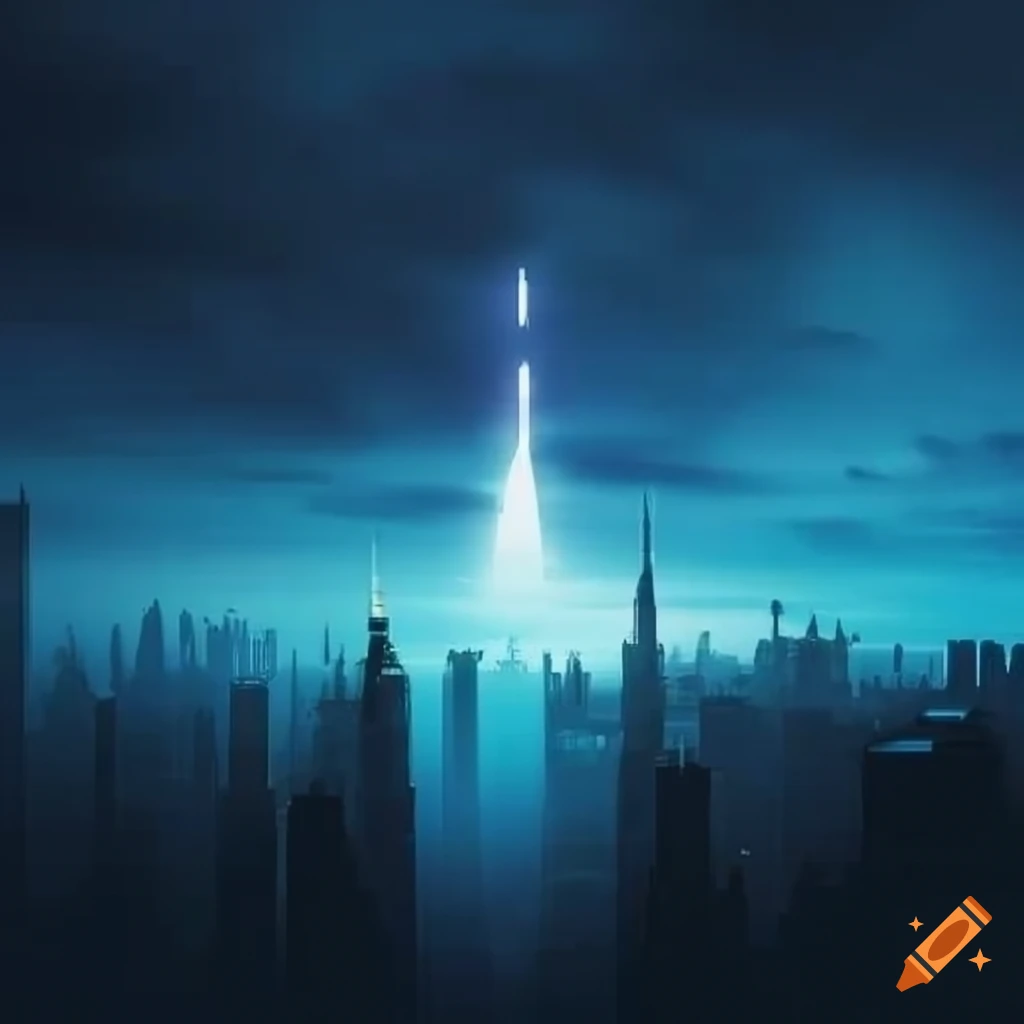 Sci-fi city skyline; white spotlights searching the clouds