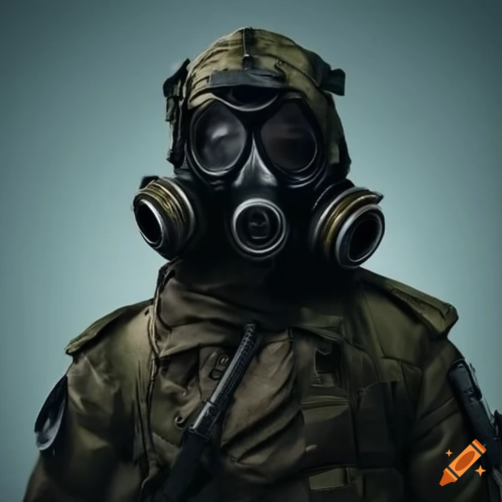 Men in padded combat uniforms and gas masks