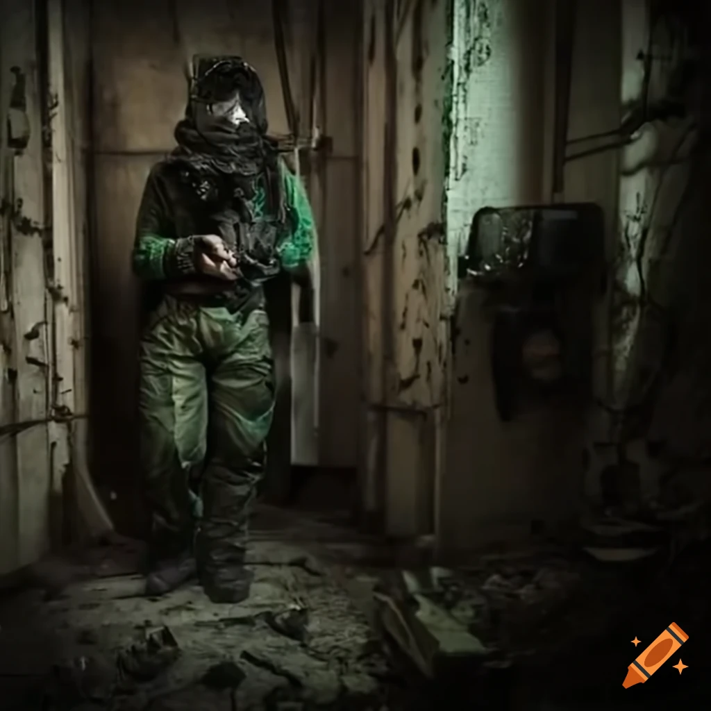 Radiation zone A rugged survivor with protective gear in a radiation ...