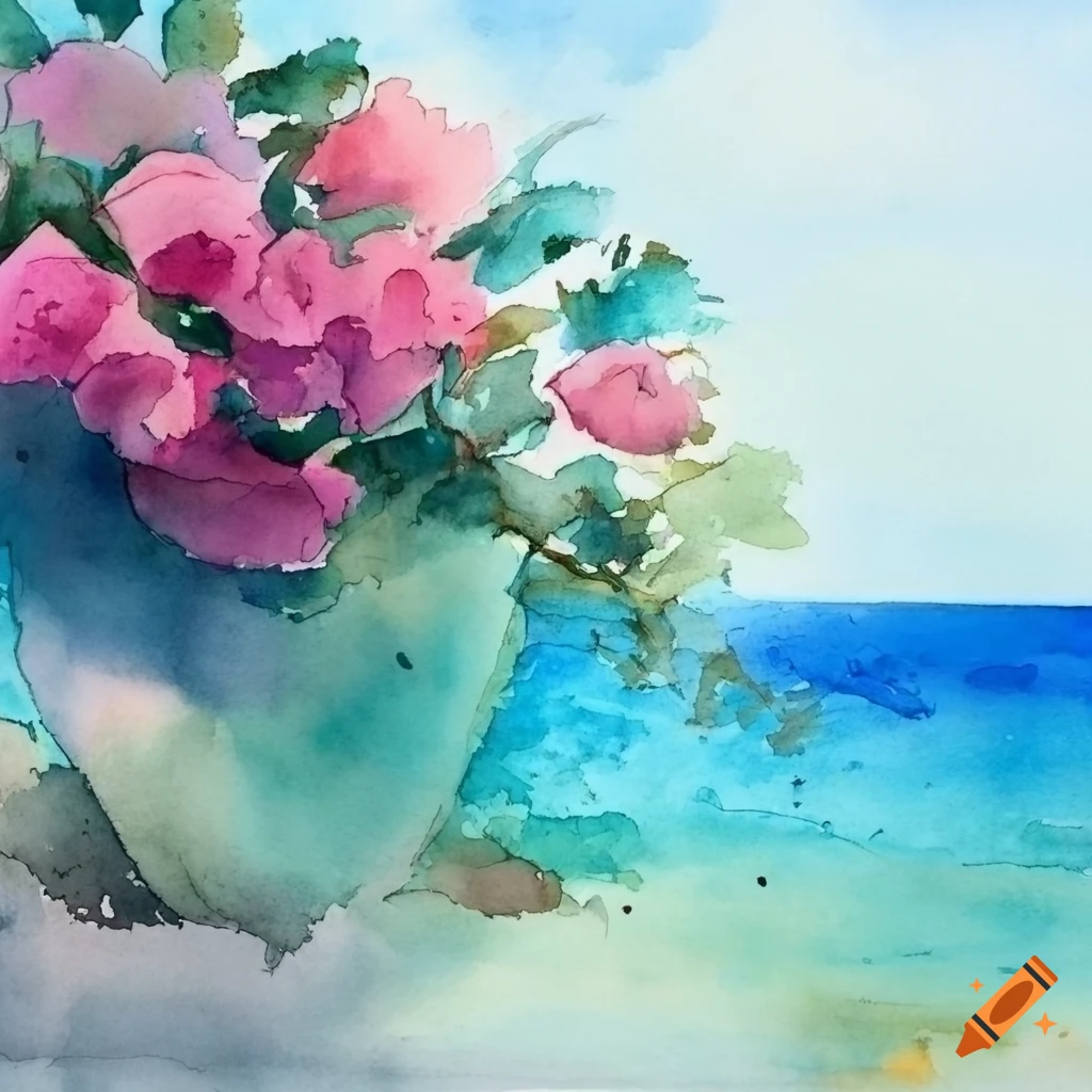 Watercolour sea look trough roses on Craiyon
