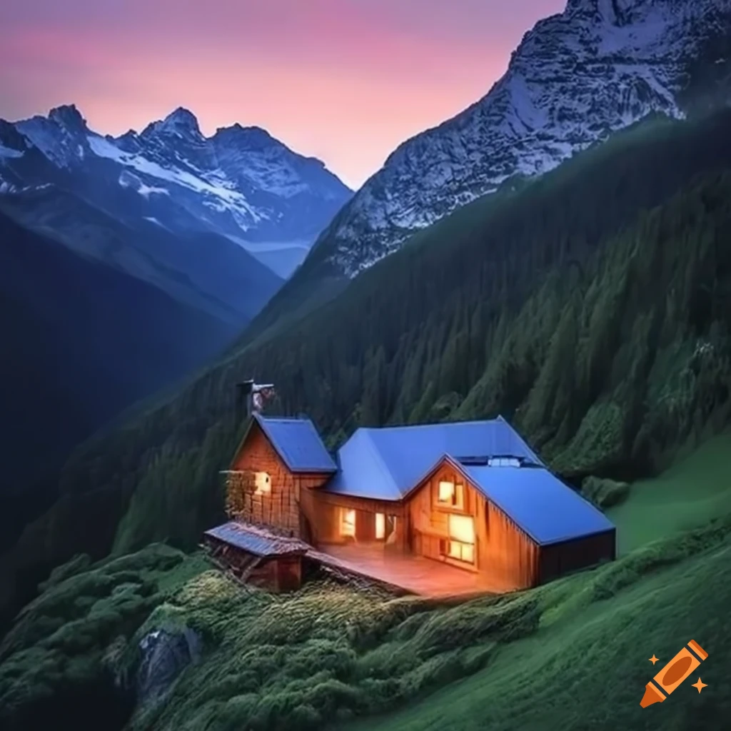 Serene mountain refuge encompassed by breathtaking natural scenery on Craiyon