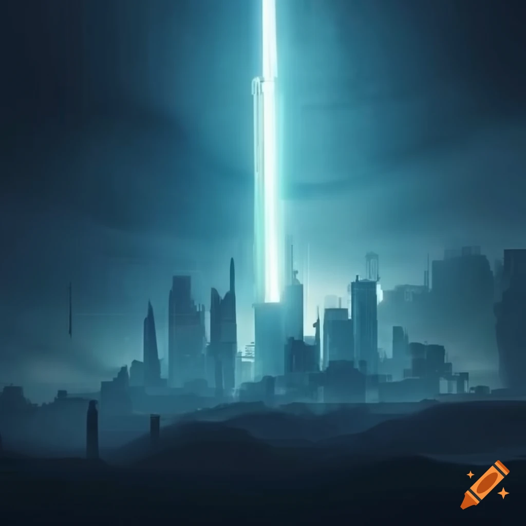 Sci-fi city skyline; white spotlights searching the clouds on Craiyon