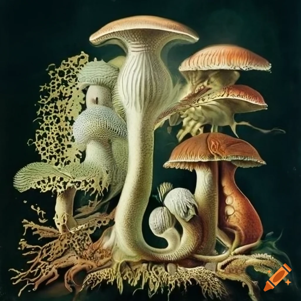Hans Haeckel landscape painting rain champigons racines plantes on Craiyon