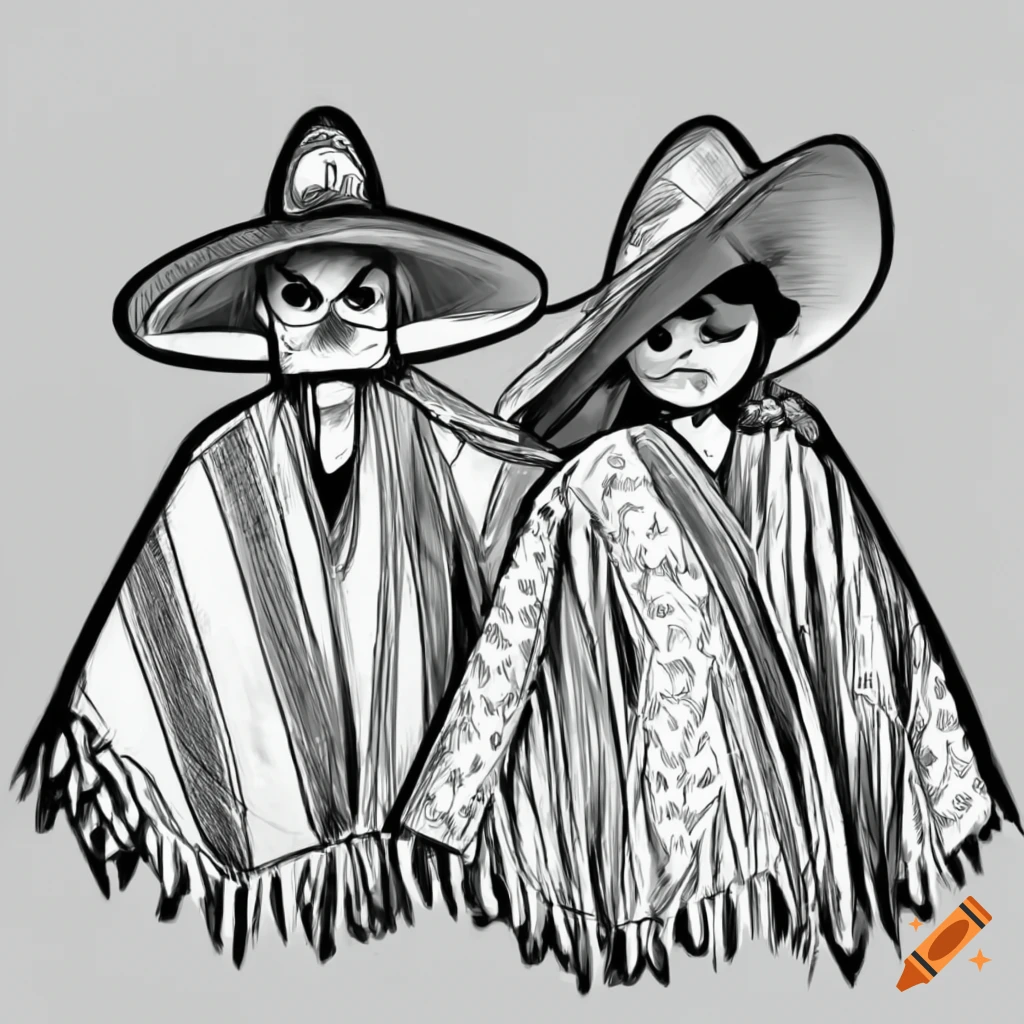 Sombrero and poncho simple comic mascot in black and white on Craiyon