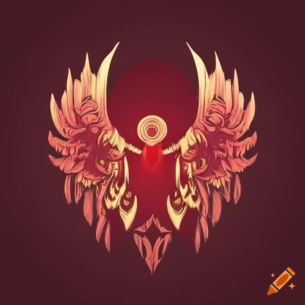 Stylized emblem of a legendary guild with elegant wings in red on Craiyon