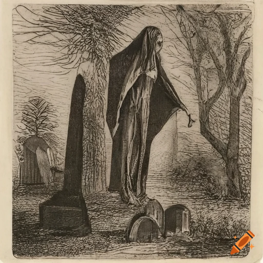 1800s etching of a vampire in a graveyard on Craiyon