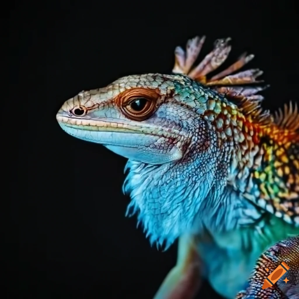 A whimsical hybrid lizard with a rooster-like crested head and ...