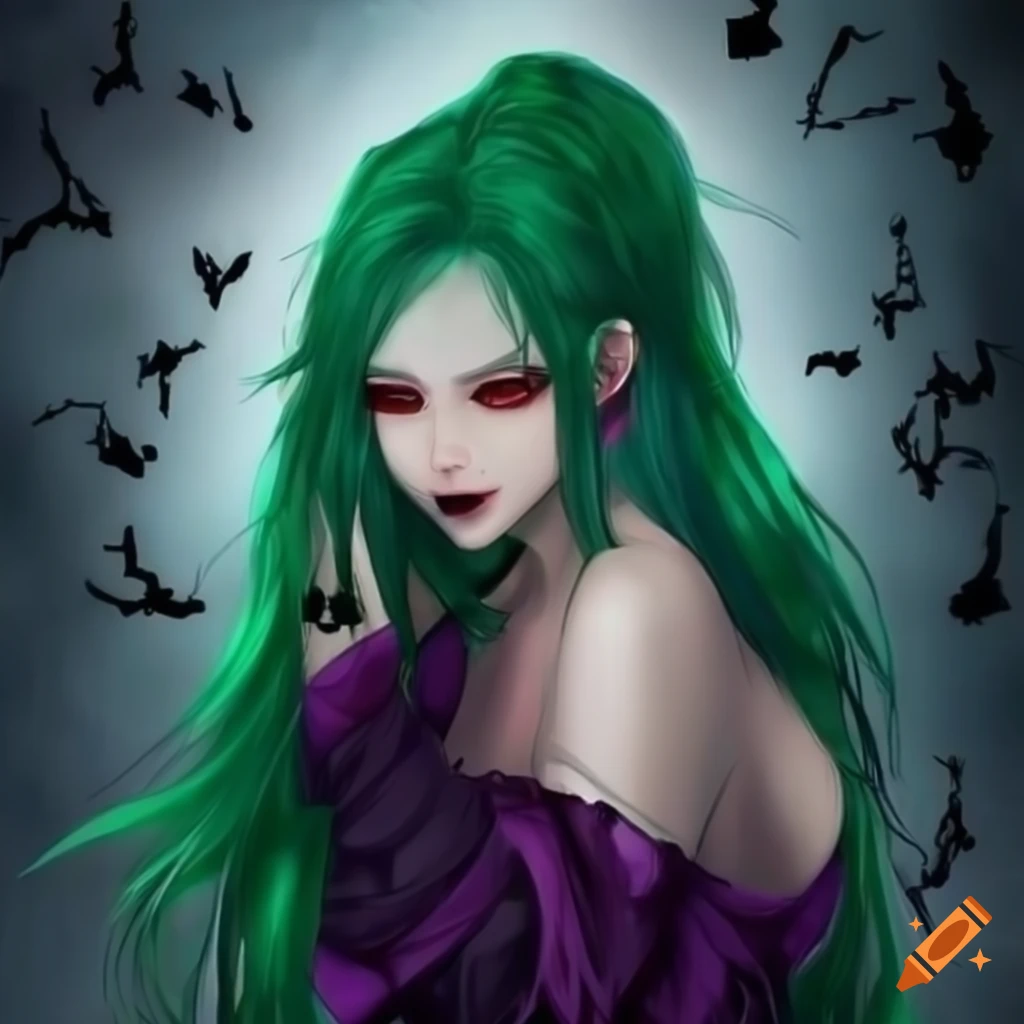 Vampire girl, green hair, red eyes, purple dress, black shoes