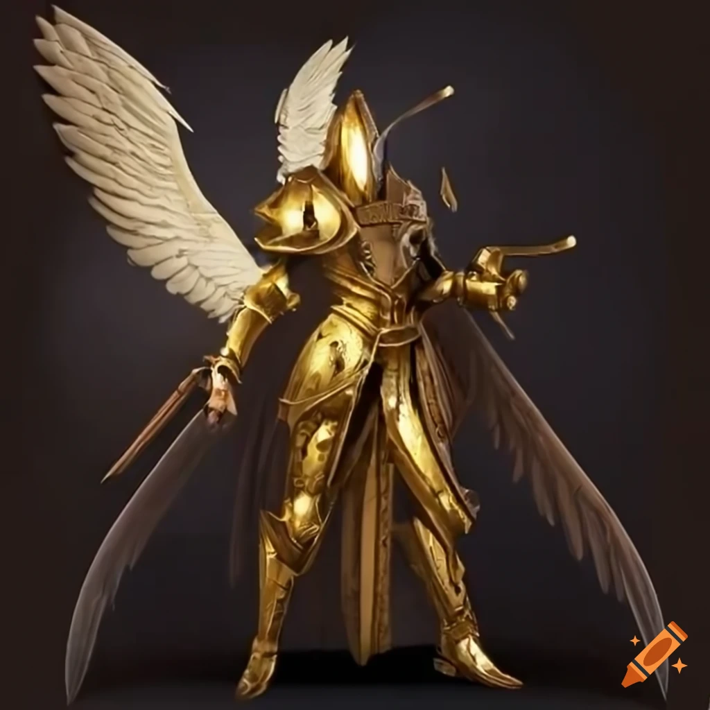 A majestic archangel with golden armor and a faceless visage