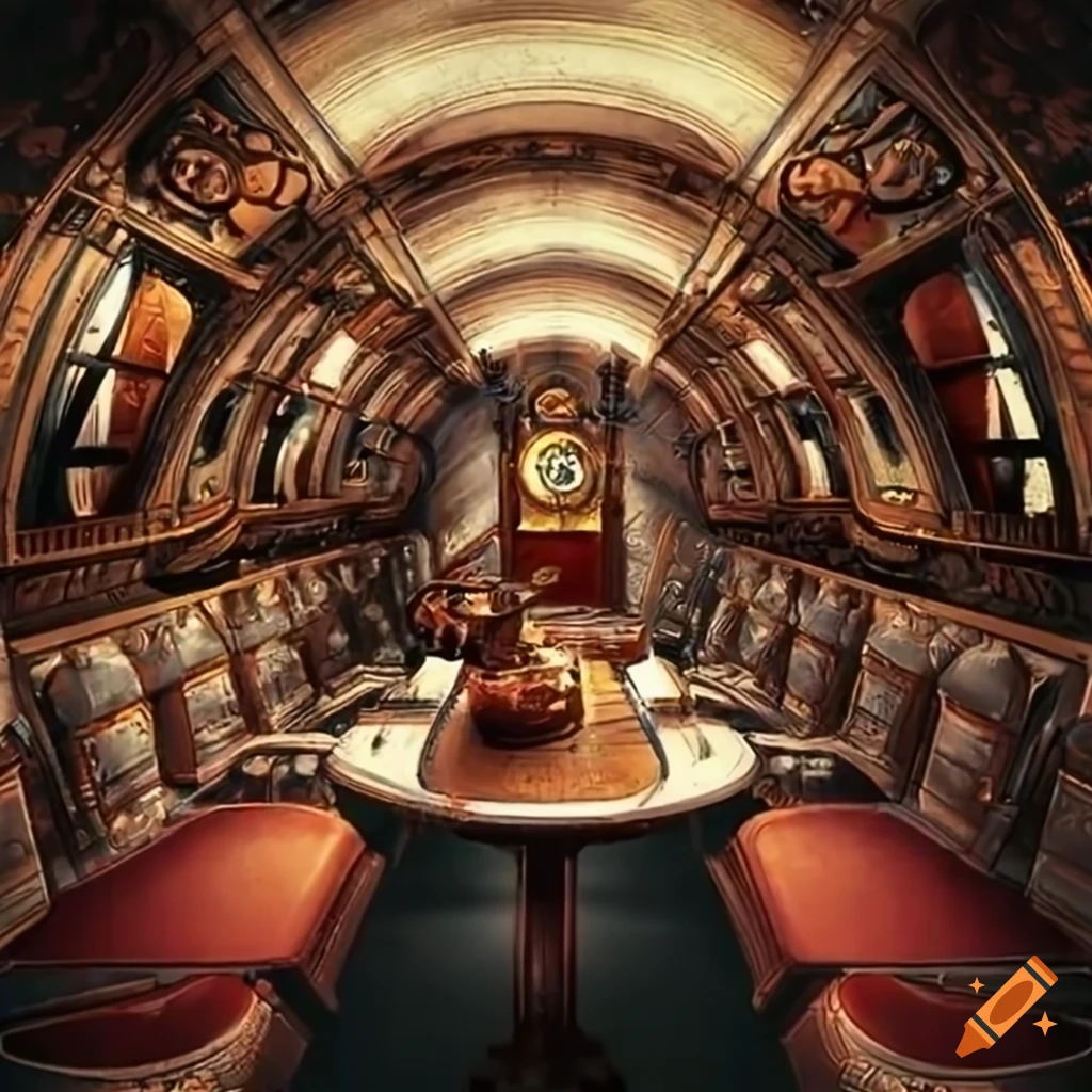 Intérieur d'un train luxueux steampunk