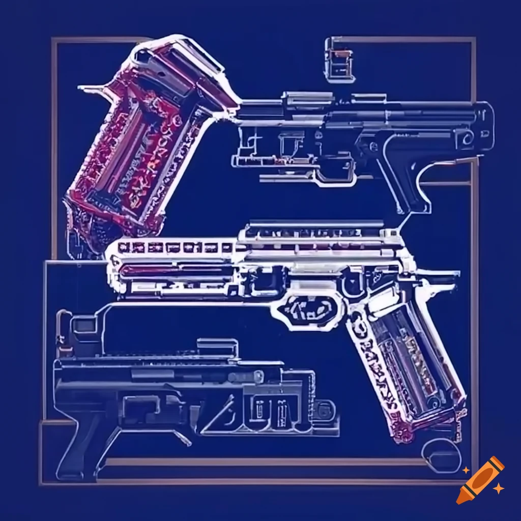 Detailed traditional chinese blueprint of futuristic firearms