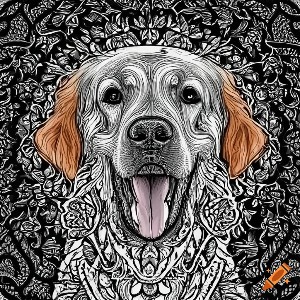 Colouring Page for Adults, Mandala, Dog Image (Golden Retriever), White ...