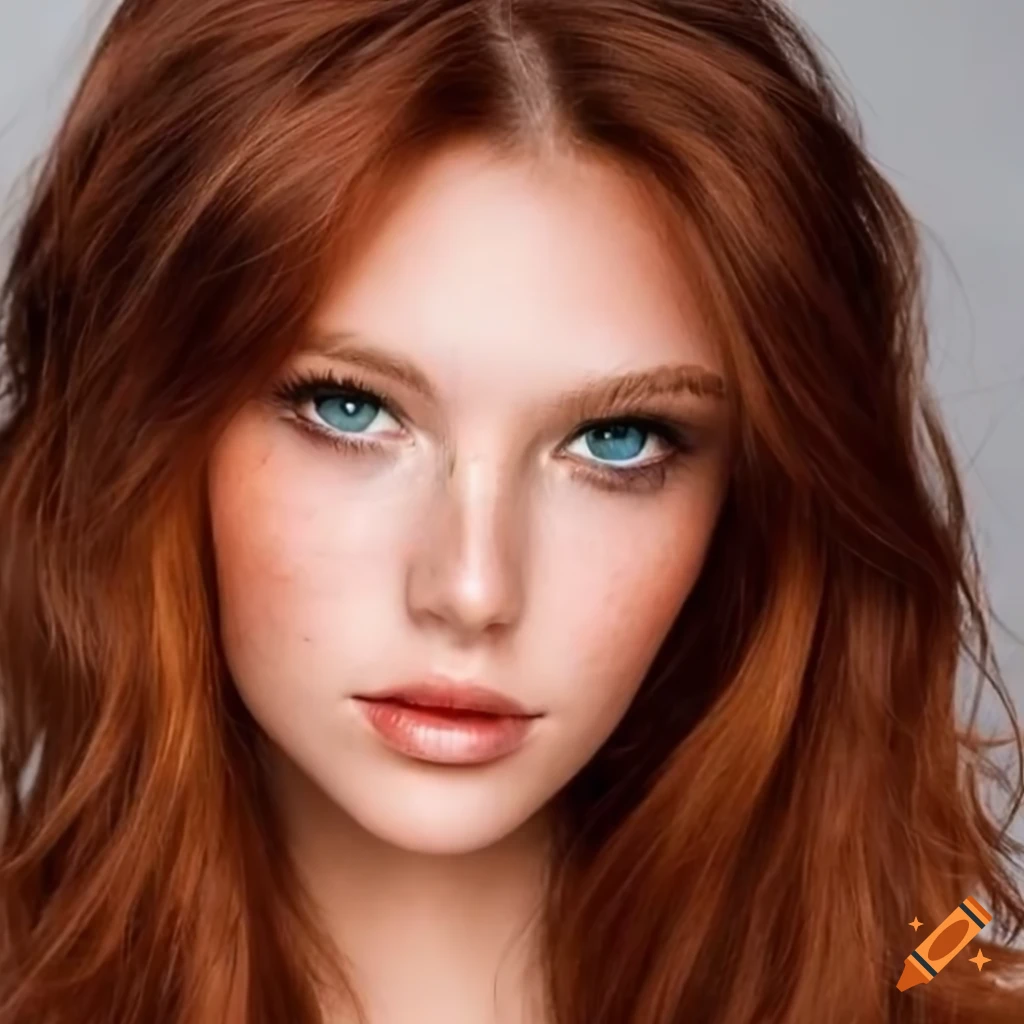 Beautiful young woman shoulder-length auburn hair very light freckles ...