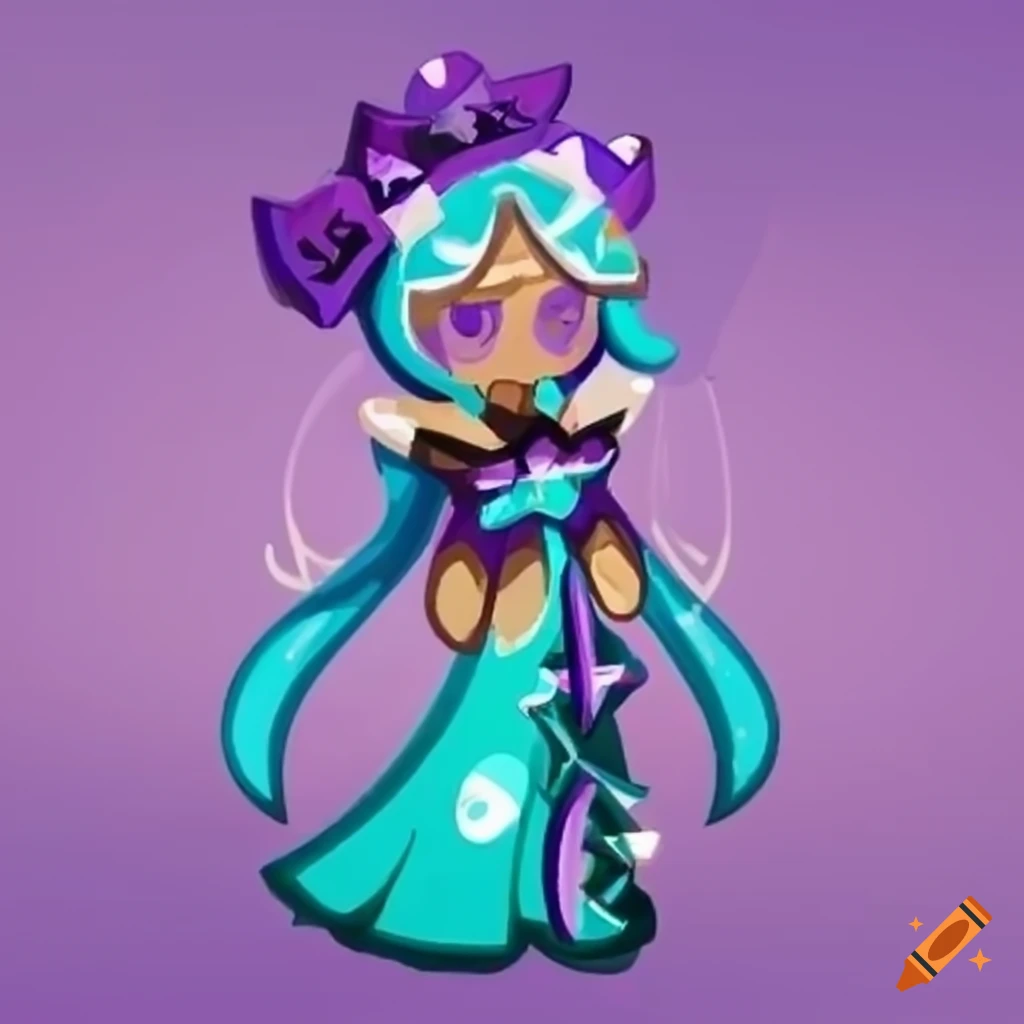 A charming character wearing turquoise and purple inspired by cookie ...