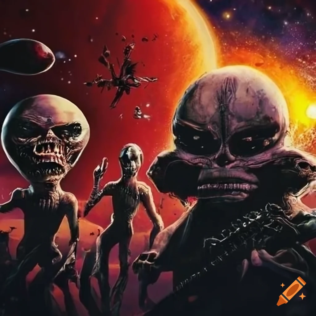 Metal band album cover depicting aliens having a war in outer space on ...