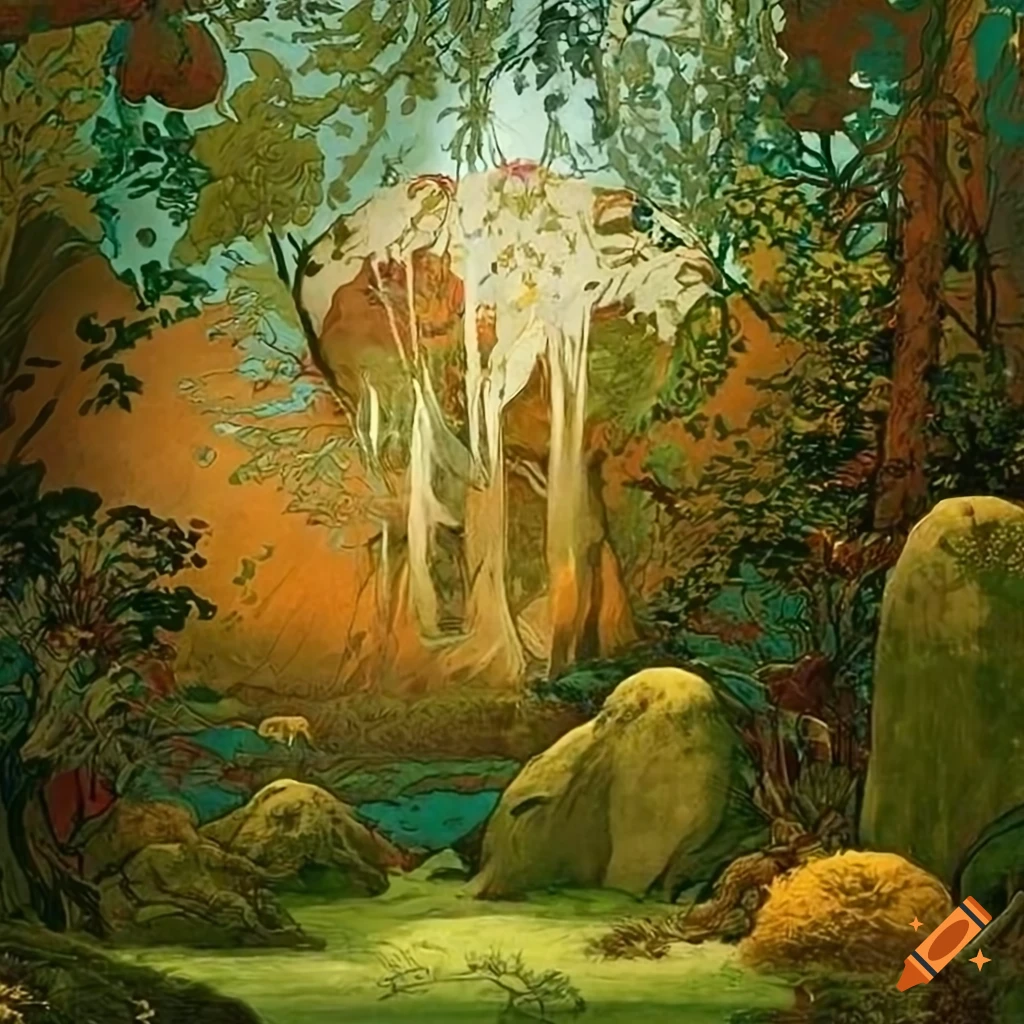 A glorious landscape at daybreak with dandelion trees, exotic fan ...