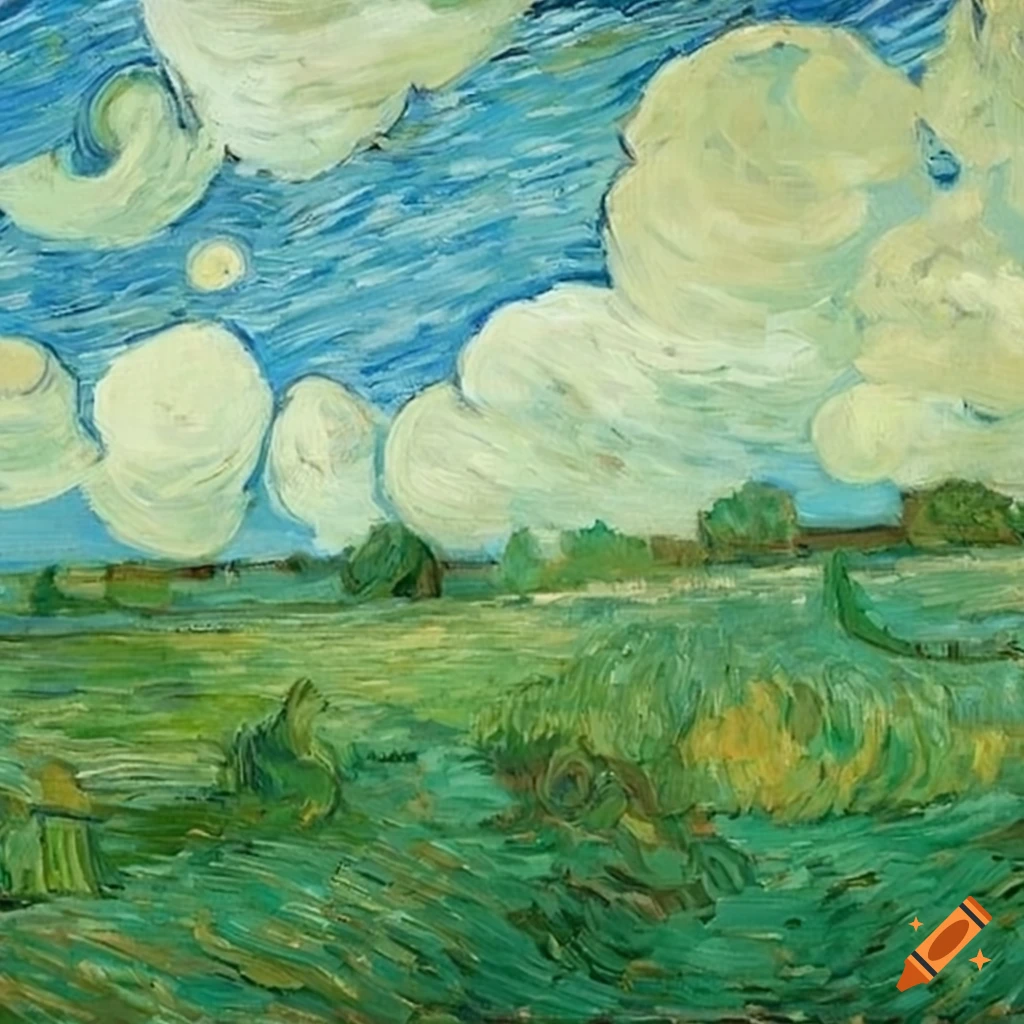 Vincent van gogh, grassland under blue sky and white clouds