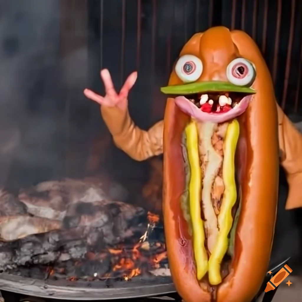 Creepy hotdog monster wearing a suit, standing in front of a flaming ...