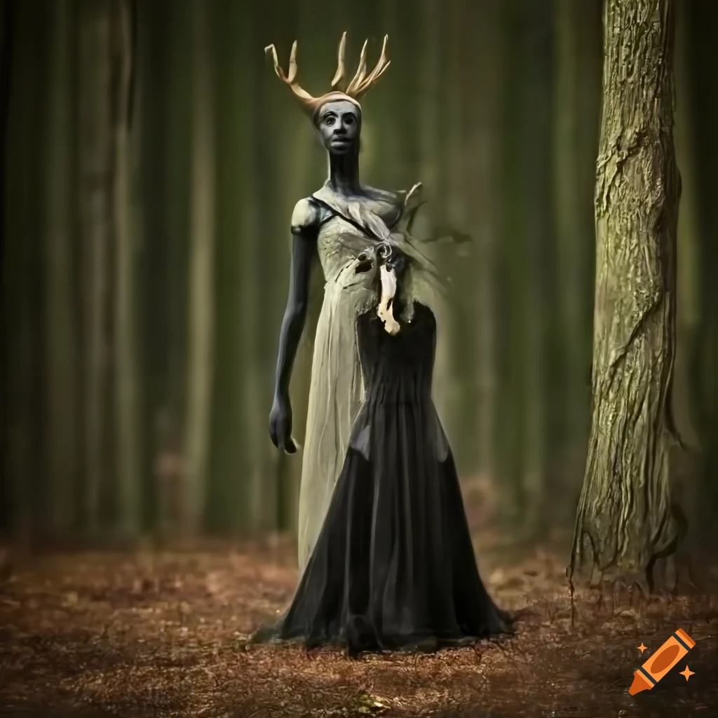 Silouet of a Woman with antlers, wearing a long dress in the forrest ...