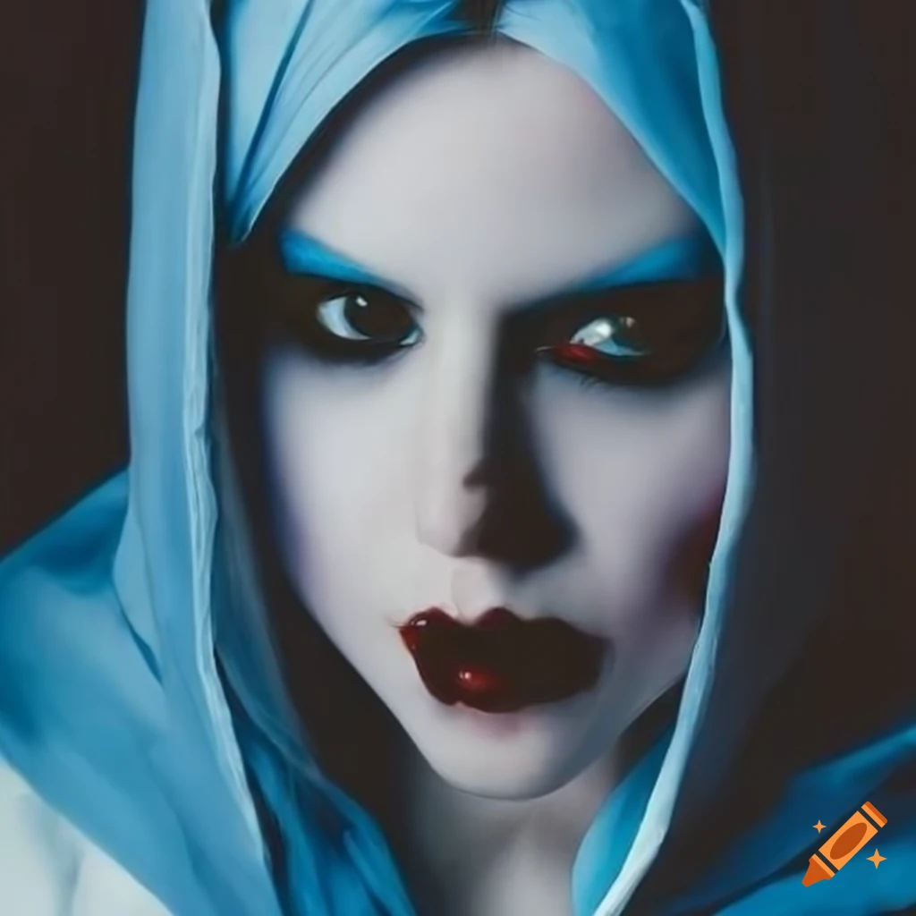 Girl vampire with blue hair in white cloak with hood on Craiyon