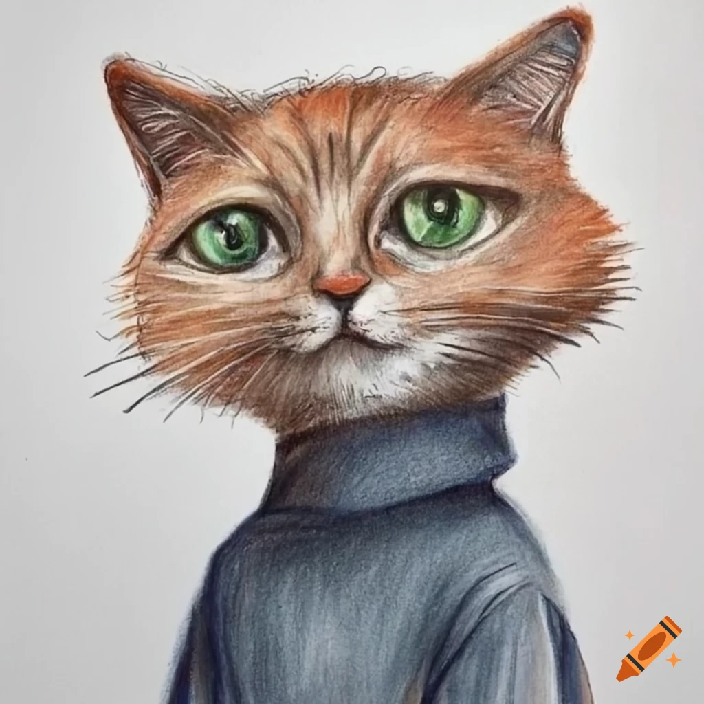 Simple anthropomorphic cat poorly drawn in crayon by a child