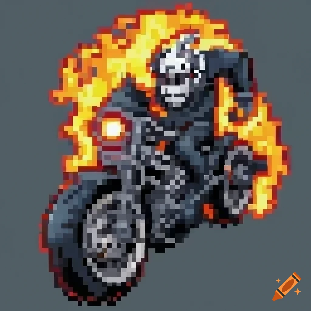 Ghost rider in pixel art, blazing through the night