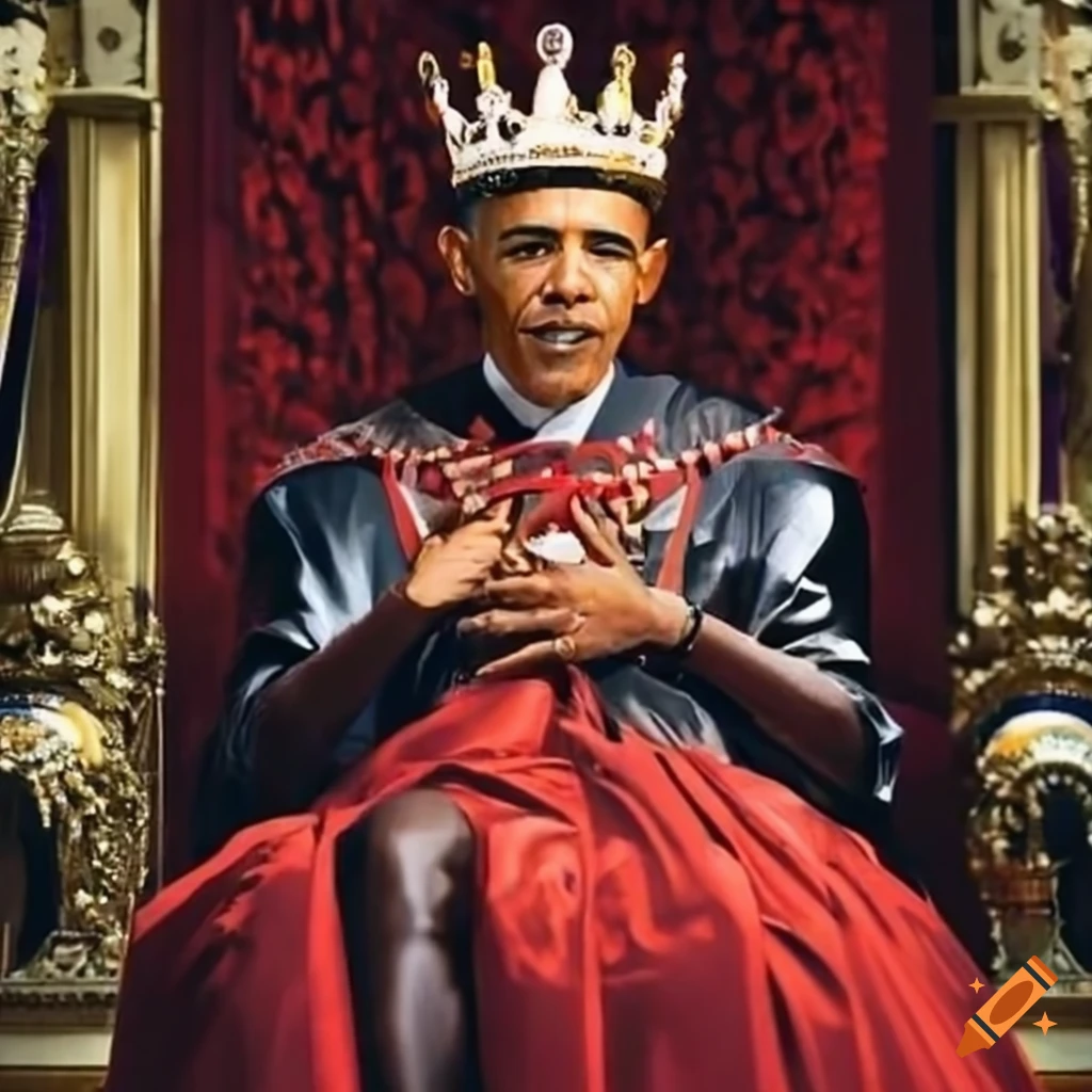 Obama wearing a crown sitting on a throne holding an amercian flag on ...