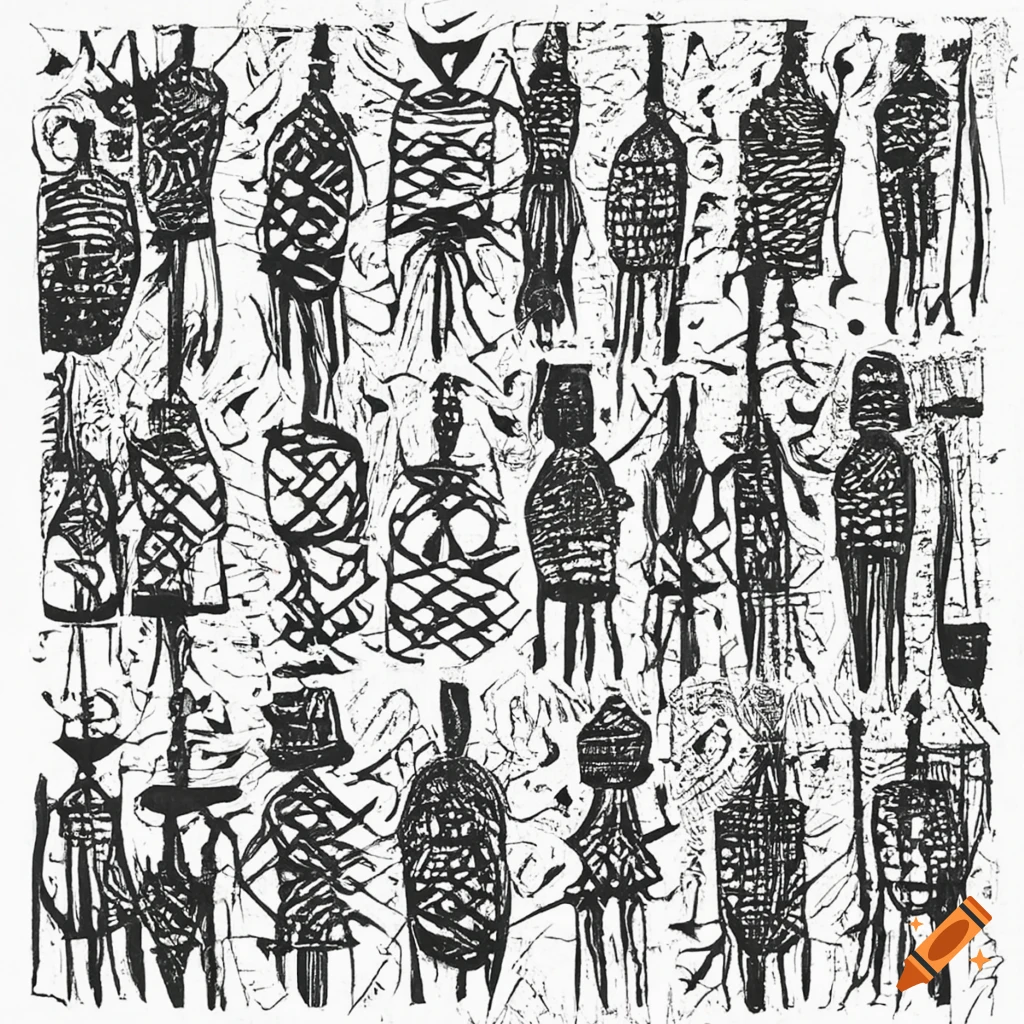 African tribal figure, clear sharp lines, monochrome woodcut by diego ...