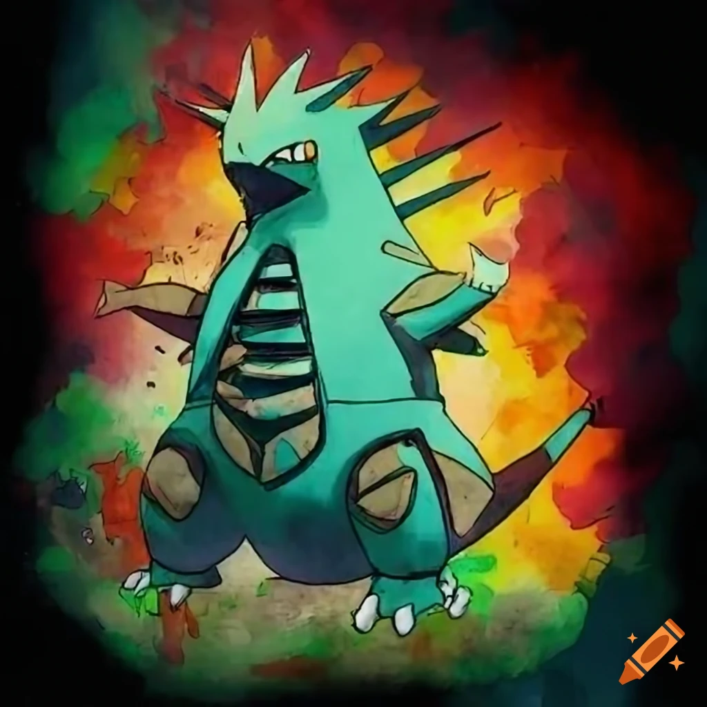 Neo-surrealist watercolor style scene of pokémon tyranitar in cave