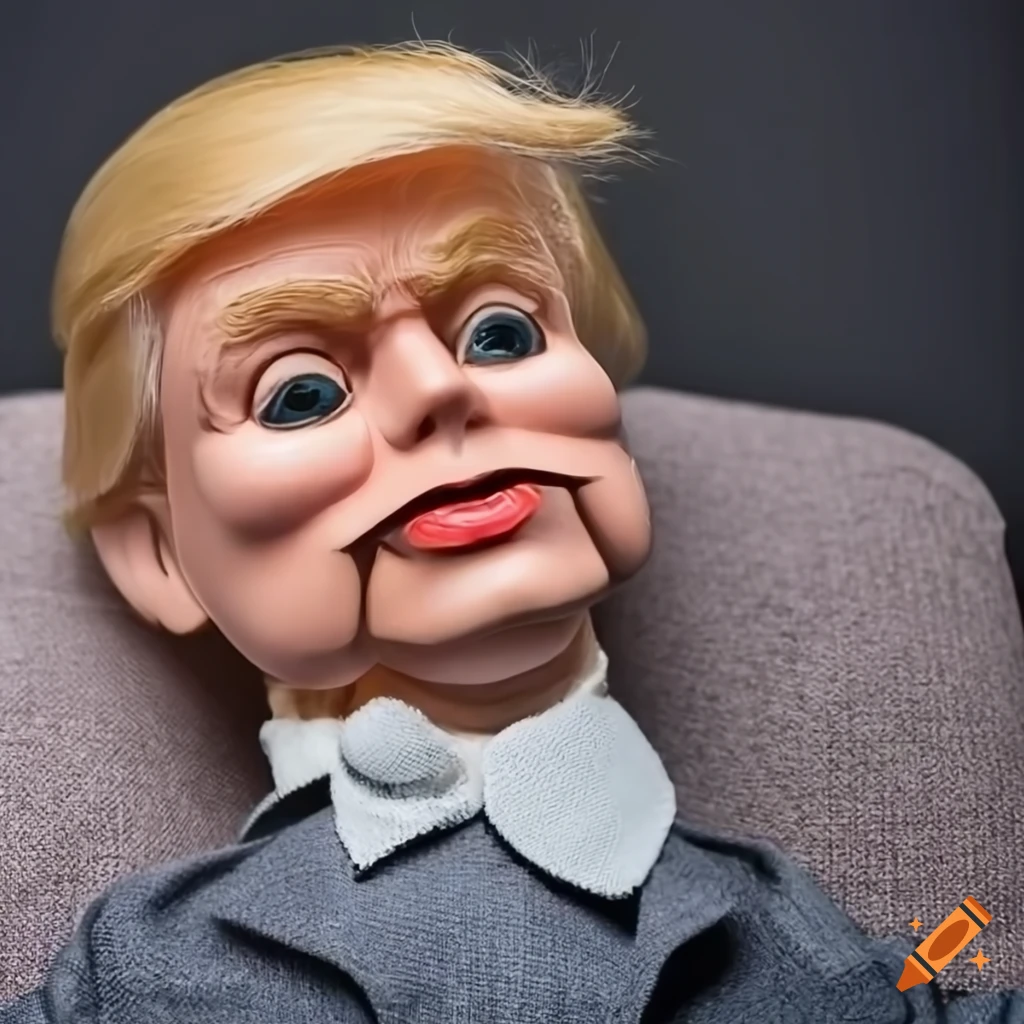 Trump as a dummy ventriloquist doll sitting slumped on a couch with a ...