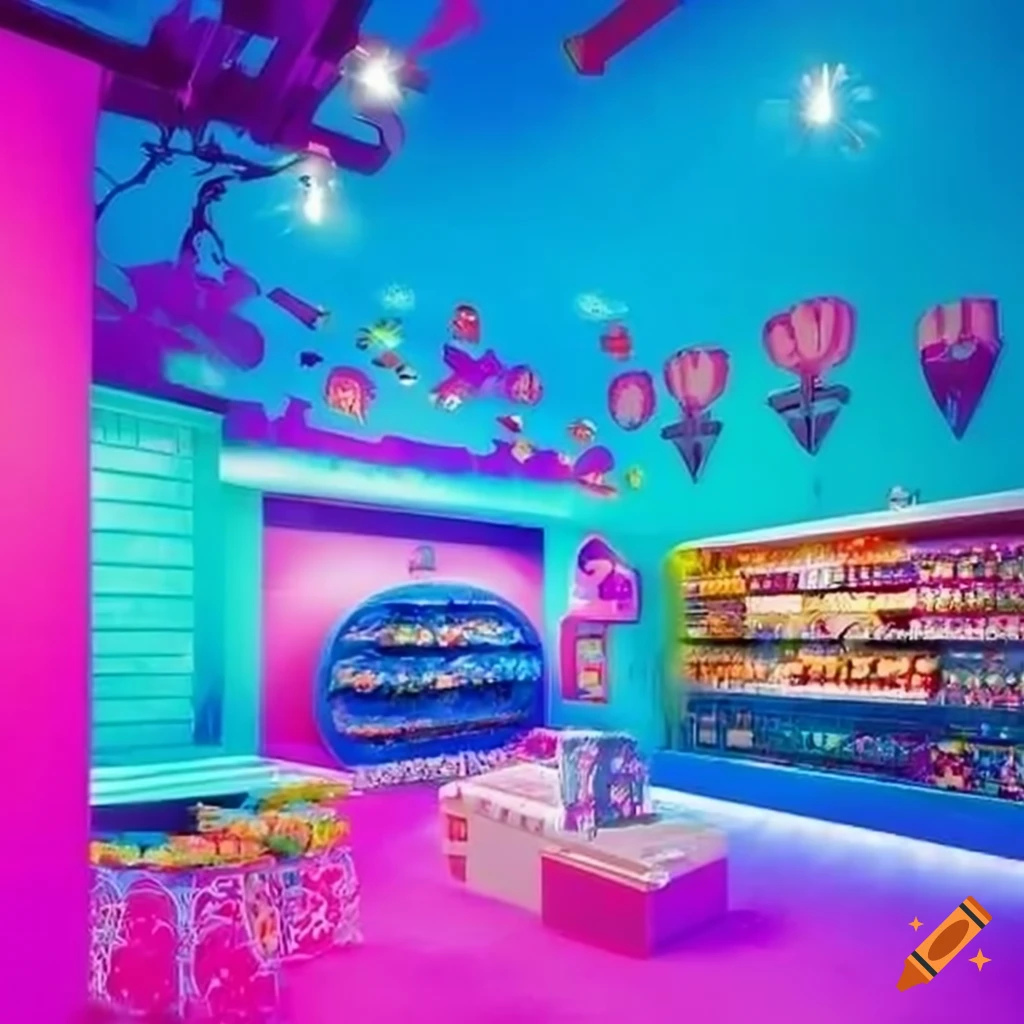 A vibrant supermarket with whimsical arcade-inspired decor