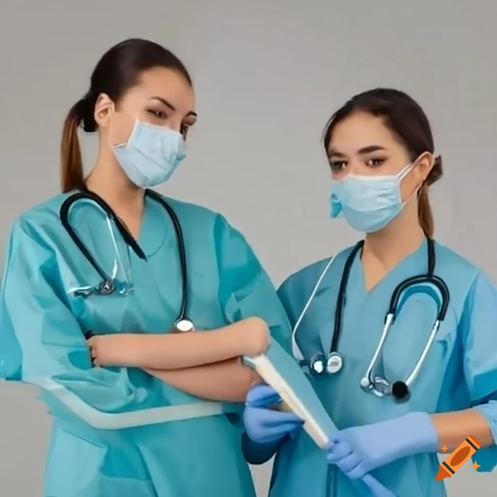 Two young nurses in personal protective equipment performing medical ...