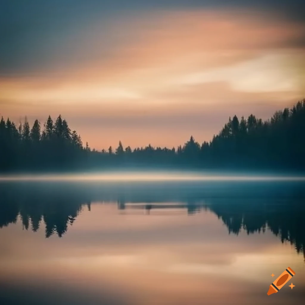 Serene still lake scene with an early morning aesthetic