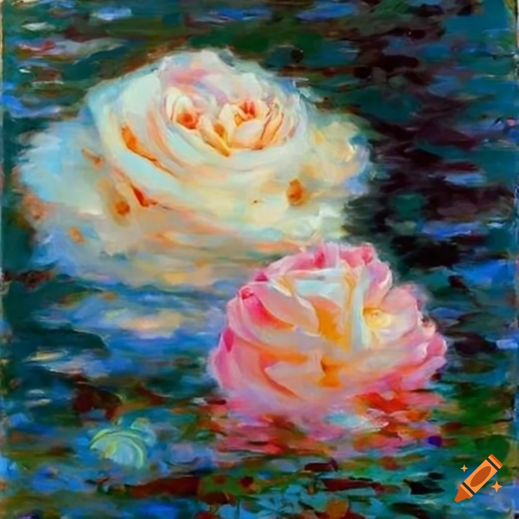 White roses and pink pearls in pond, claude monet, bright lighting on ...