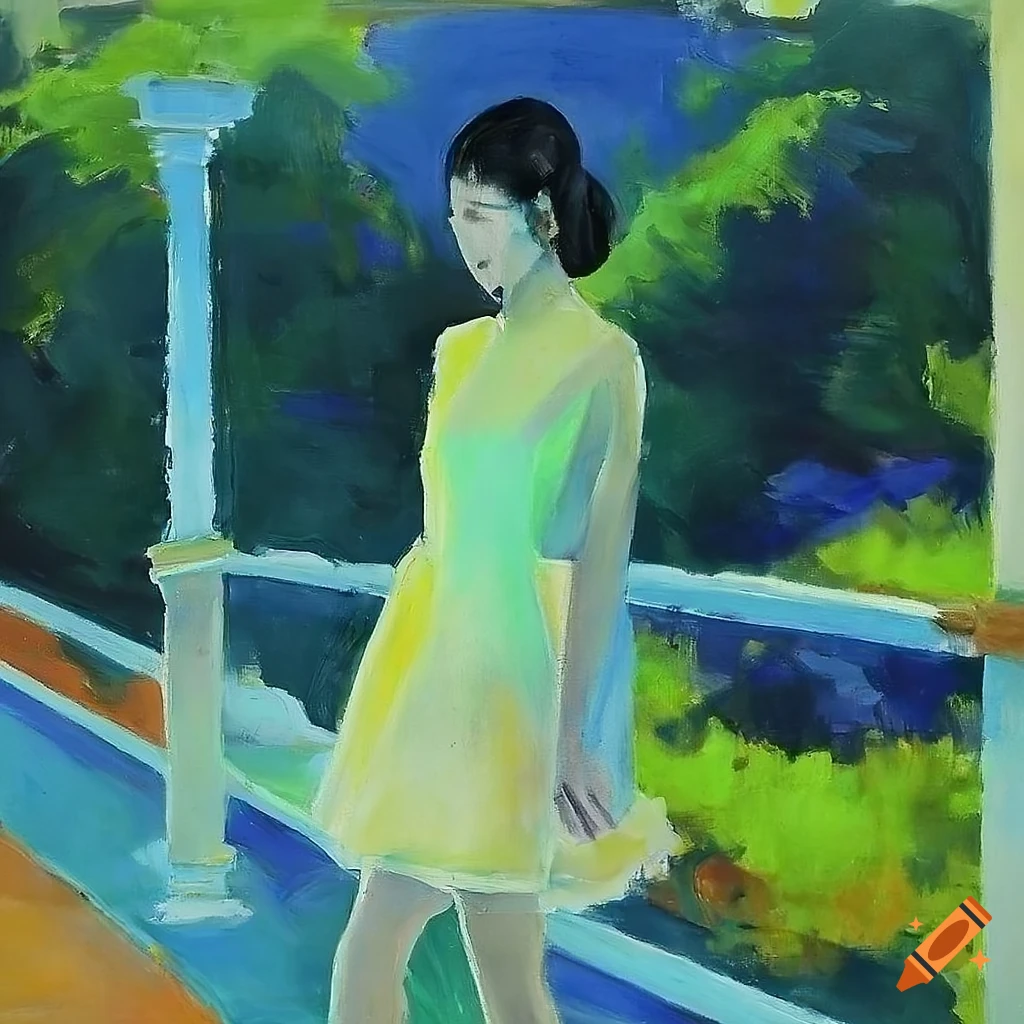 Asian model wearing translucent short dress by balustrade at dawn ...