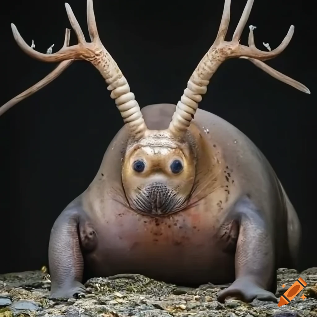 A whimsical amphibious hybrid creature with a mixture of features of both elephant-seals and ...