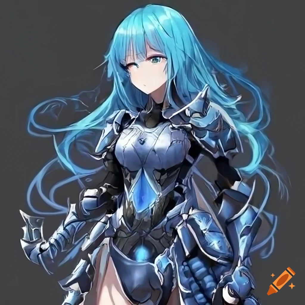 Girl ,blue long hair, blue and black armor,blue fire, anime on Craiyon