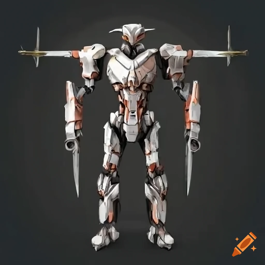 Realistic gigantic mecha holding two swords in front view on Craiyon