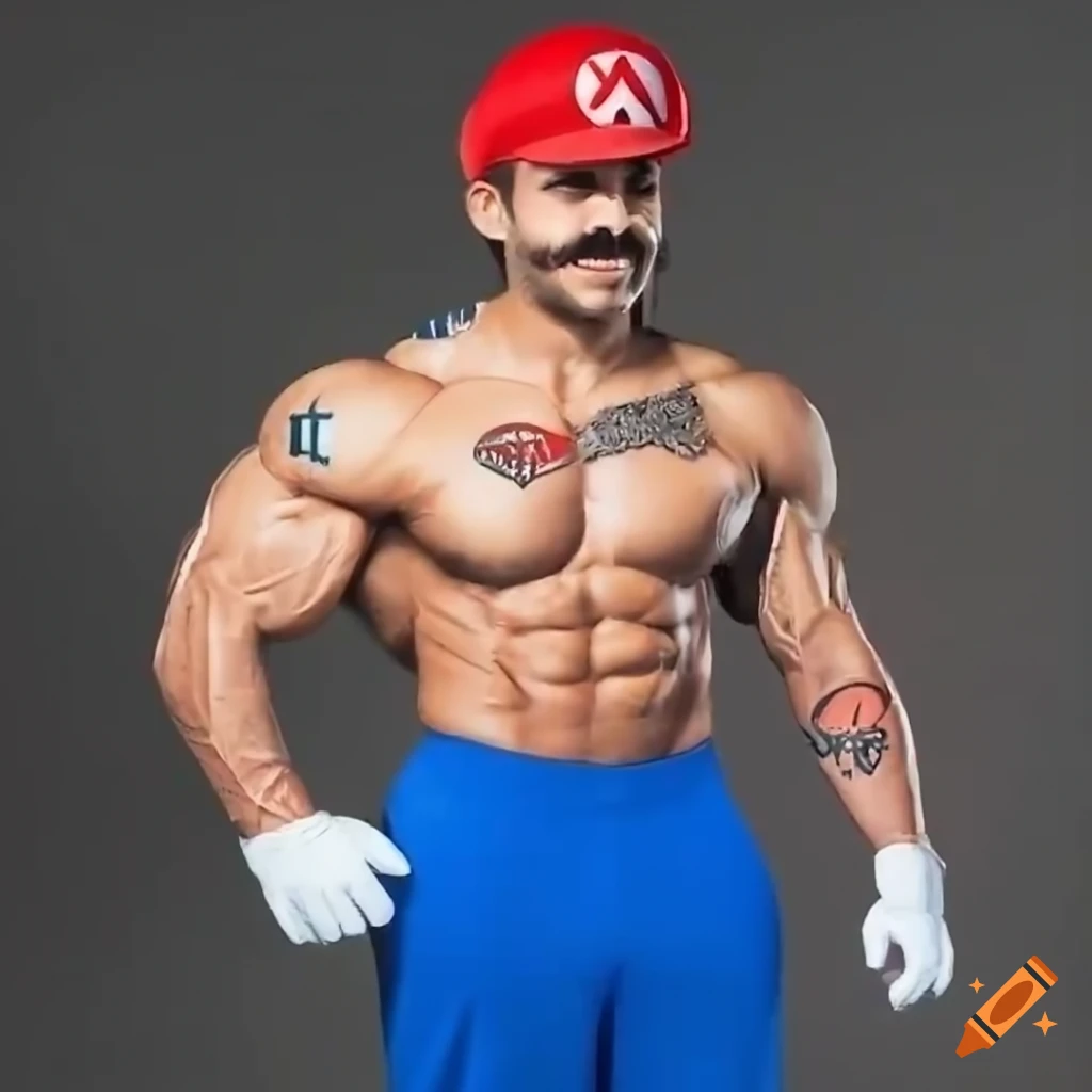 Bodybuilder dressed up as mario Full Body, cinematic on Craiyon