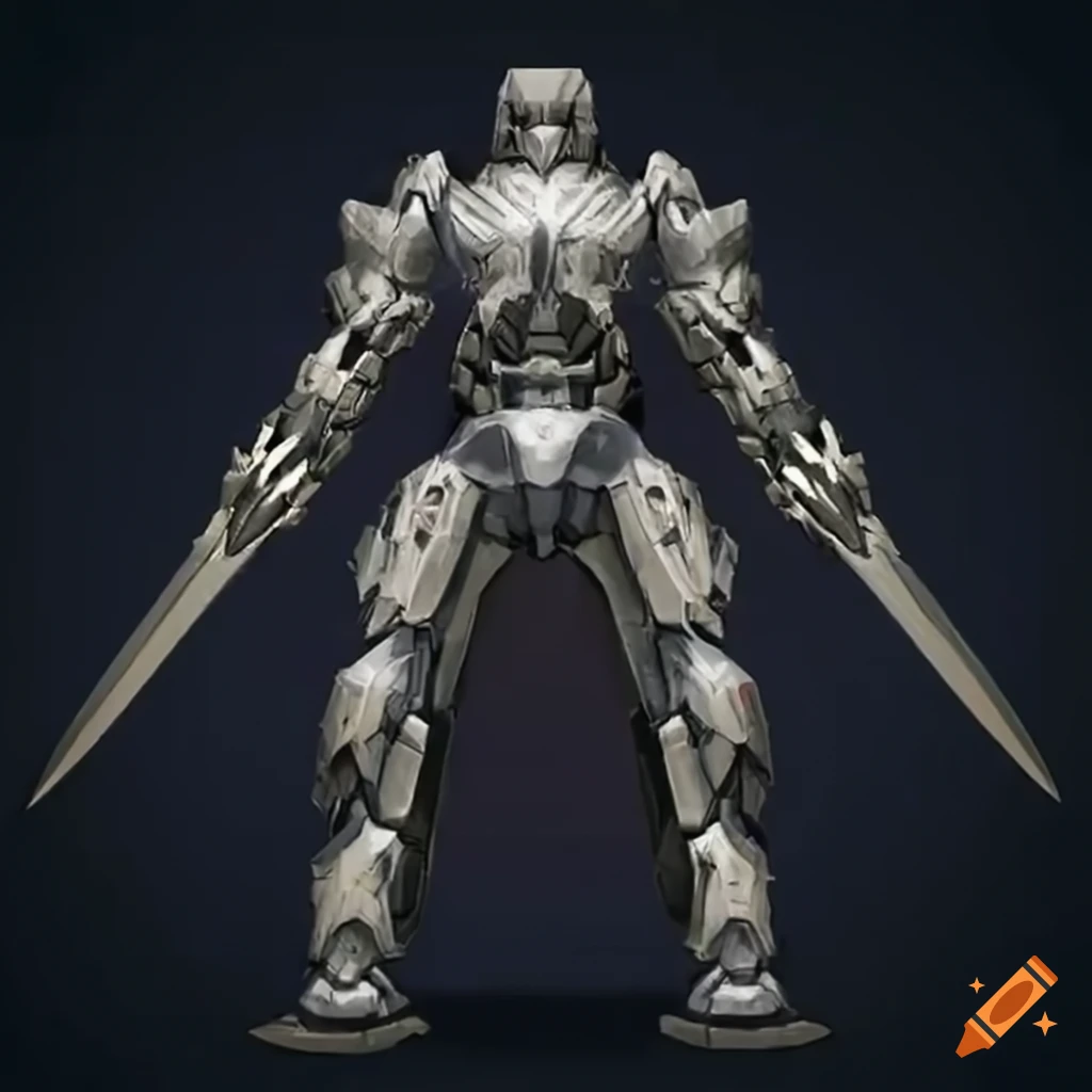 Realistic gigantic mecha holding two swords in front view