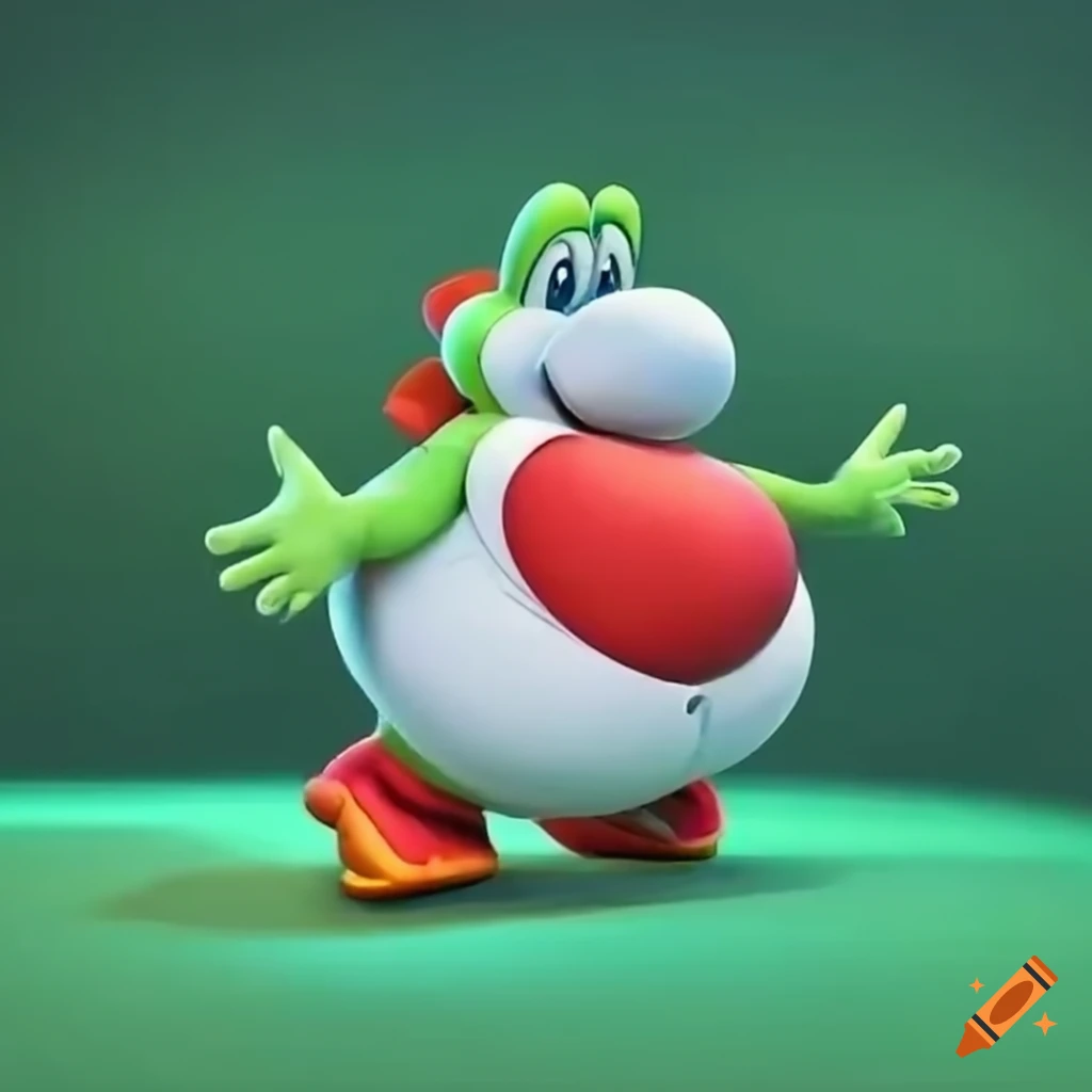 Fat Yoshi joyfully showcasing its belly button in a playful pose on Craiyon