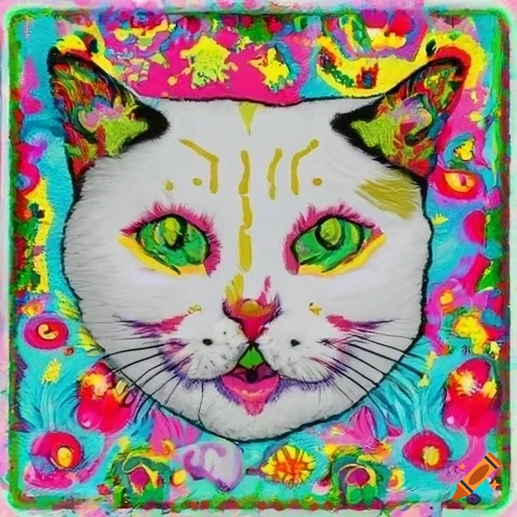 A white cat in lisa frank style
